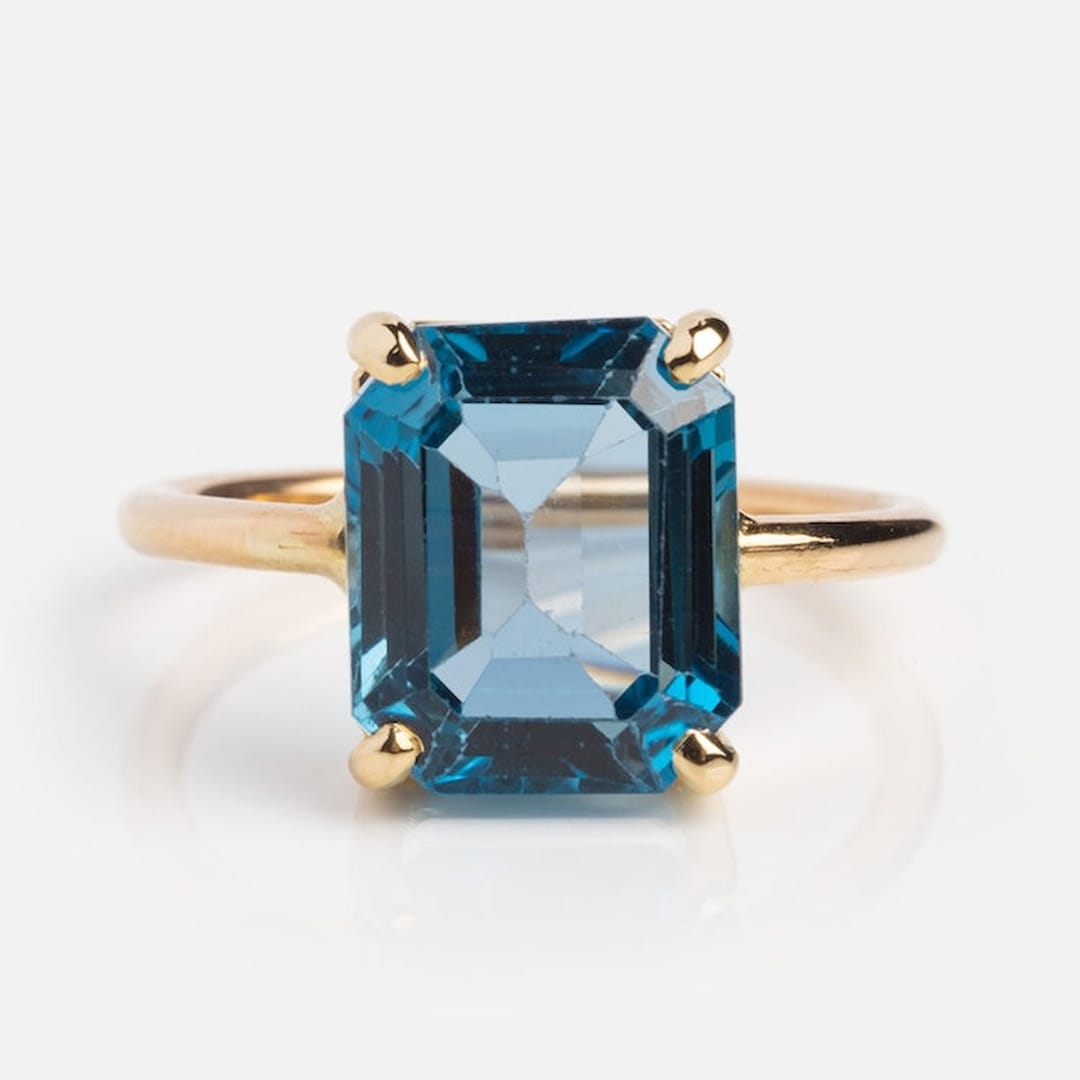 Large Emerald Cut Blue Topaz Solitaire Ring London Blue Topaz Wedding ...