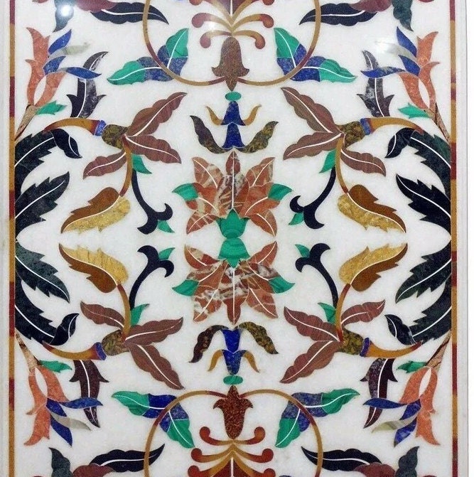 White Marble Inlay Dining Table Top, Handmade Semi Precious Stone Inlay ...