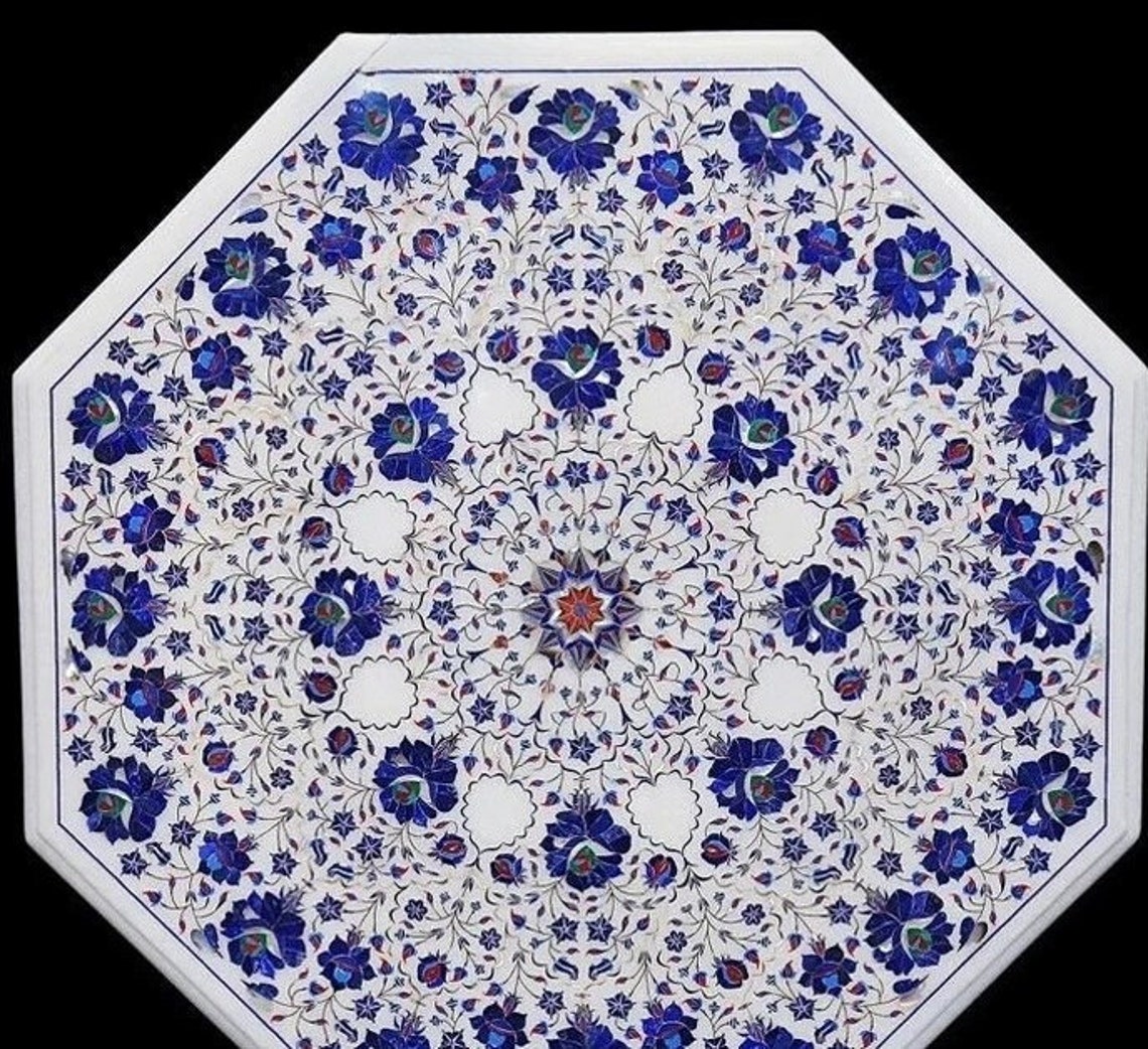Inlay Art White Marble Kitchen Table, Living Room Inlay Table, White ...