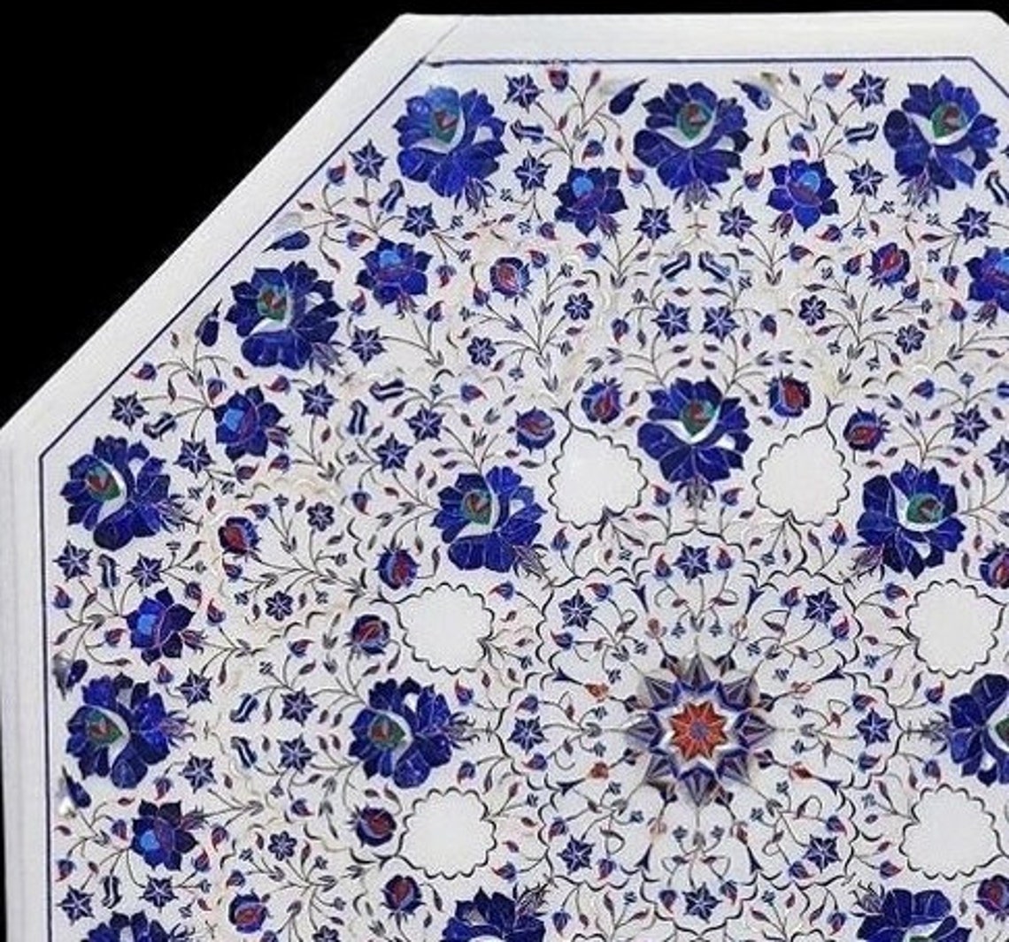Inlay Art White Marble Kitchen Table, Living Room Inlay Table, White ...
