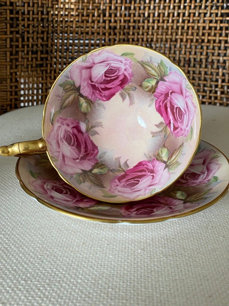 RARE Aynsley Bone China Cabbage Rose Tea Cup and Saucer Marked C1026 P ...