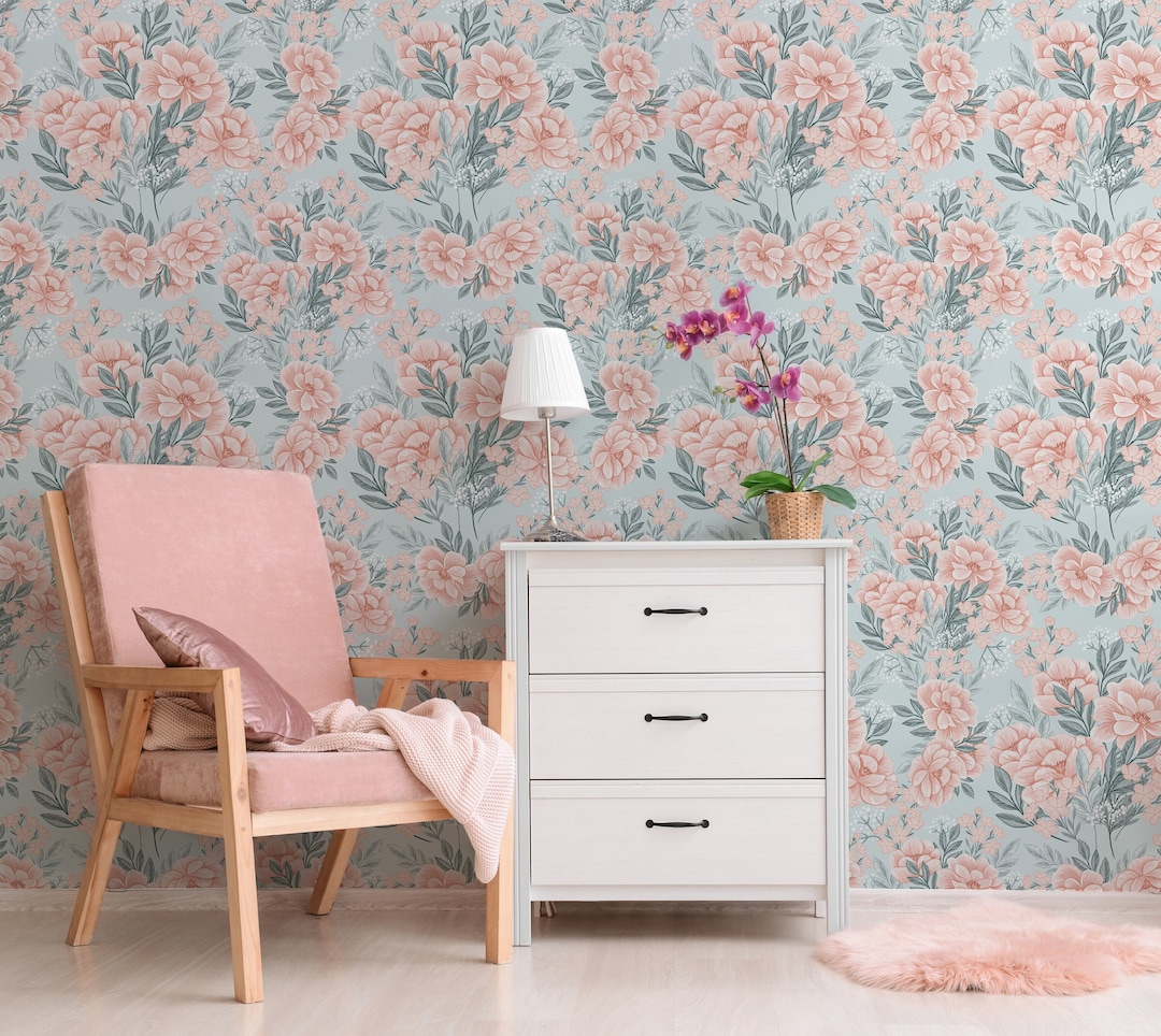 Pink Floral Wallpaper | Traditional, Vinyl, Peel&stick, Removable and ...