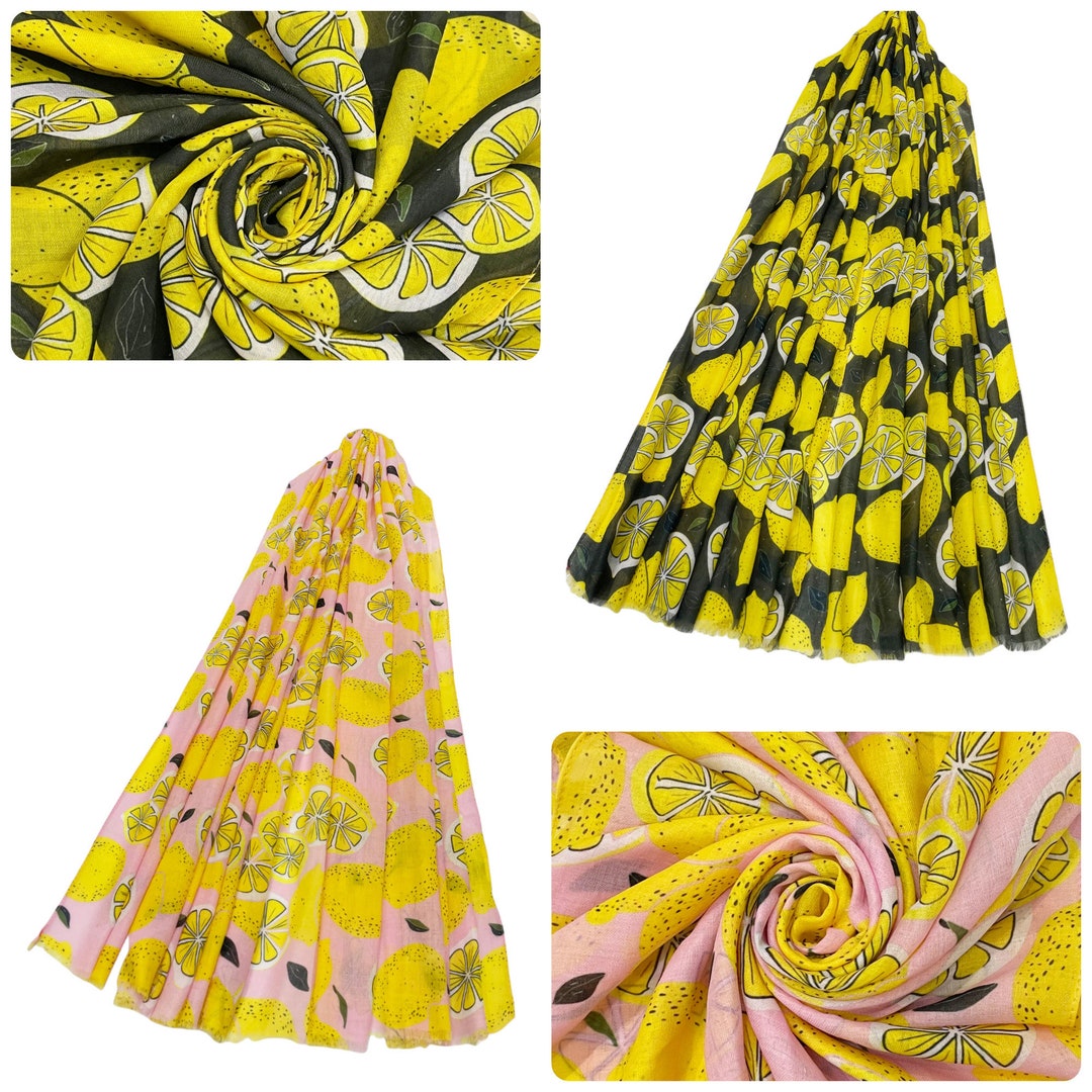Ladies Lemon Fruit Print Scarf Shawl Frayed Edges Wrap Stole Women ...