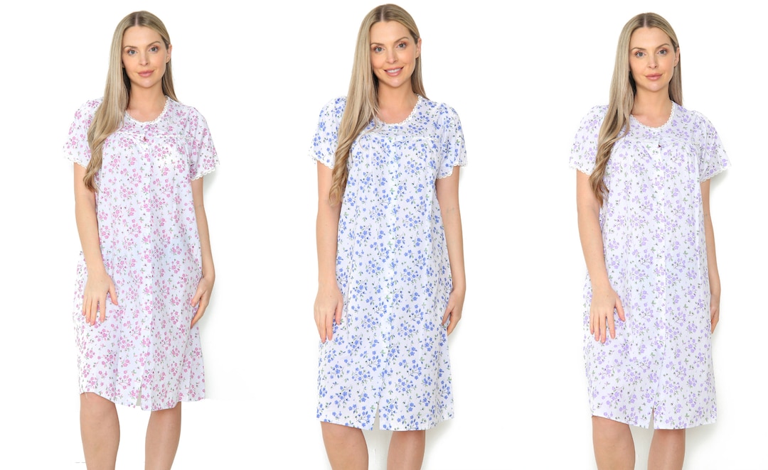 Marlon Button Front Opening Nightie Woven Polycotton Ladies Summer ...