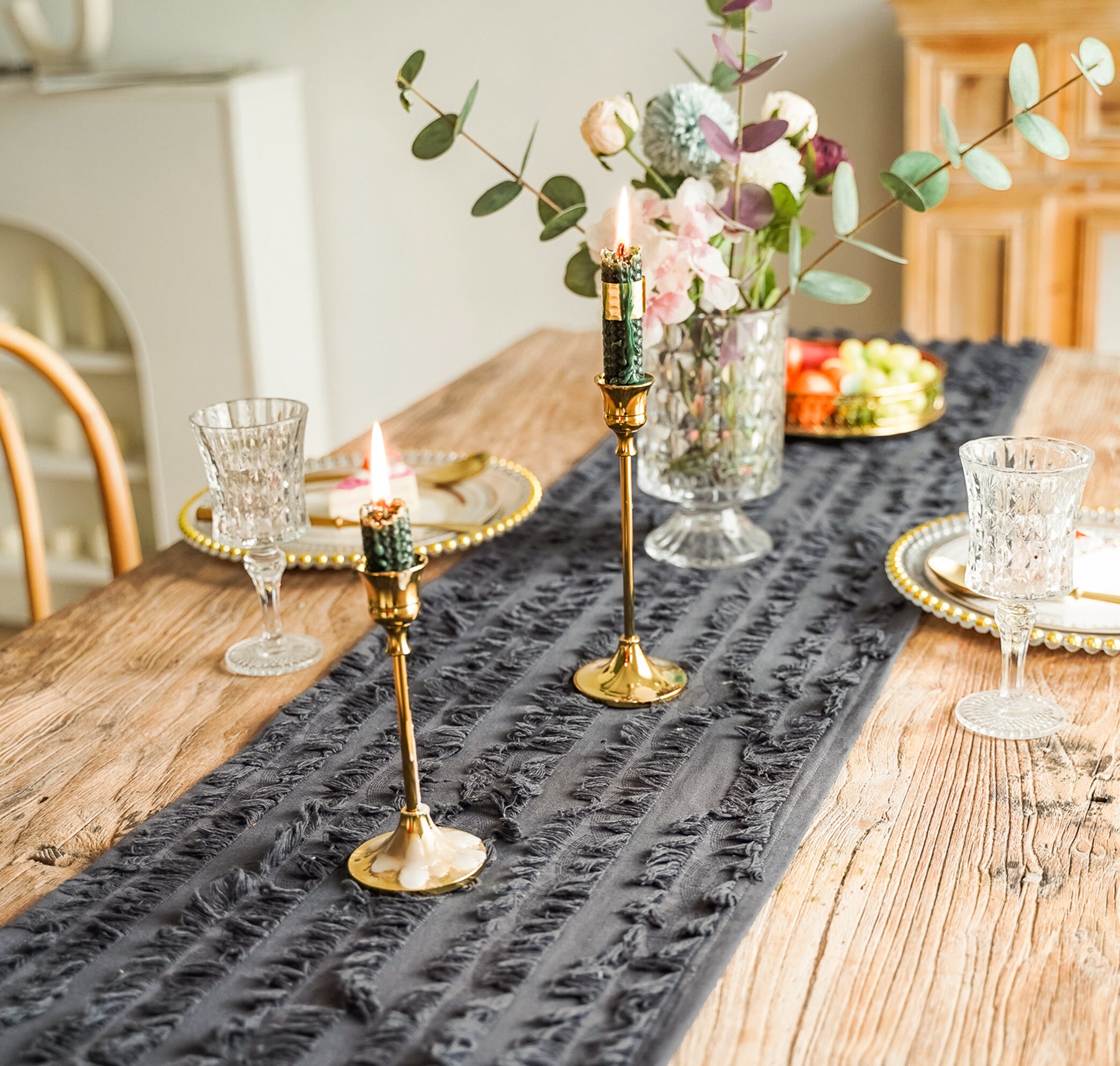 Black Boho Table Runner, Rustic Table Runner, Linen Farmhouse Table ...