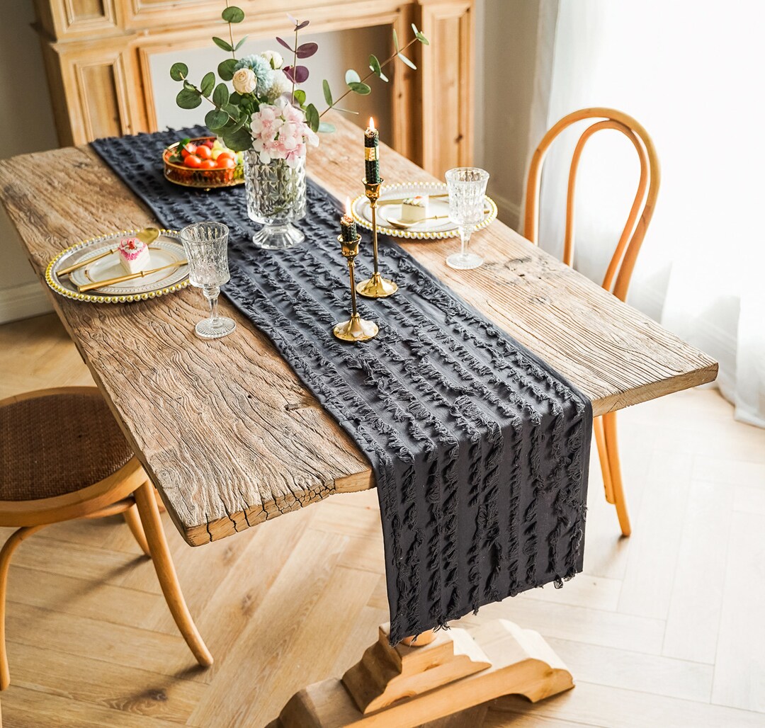 Black Boho Table Runner, Rustic Table Runner, Linen Farmhouse Table ...