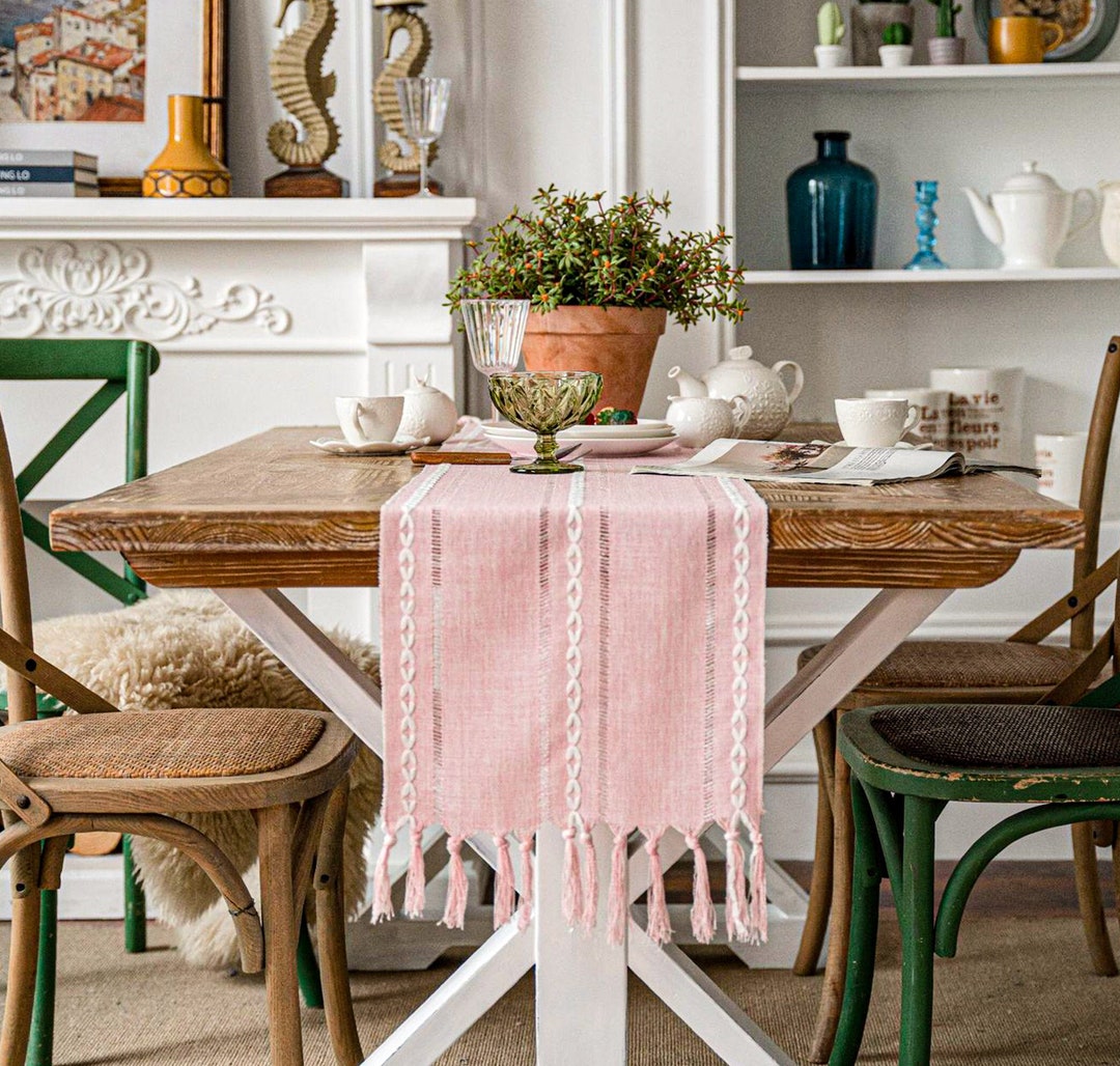 Pink Boho Table Runner, Rustic Table Runner, Linen Farmhouse Table ...