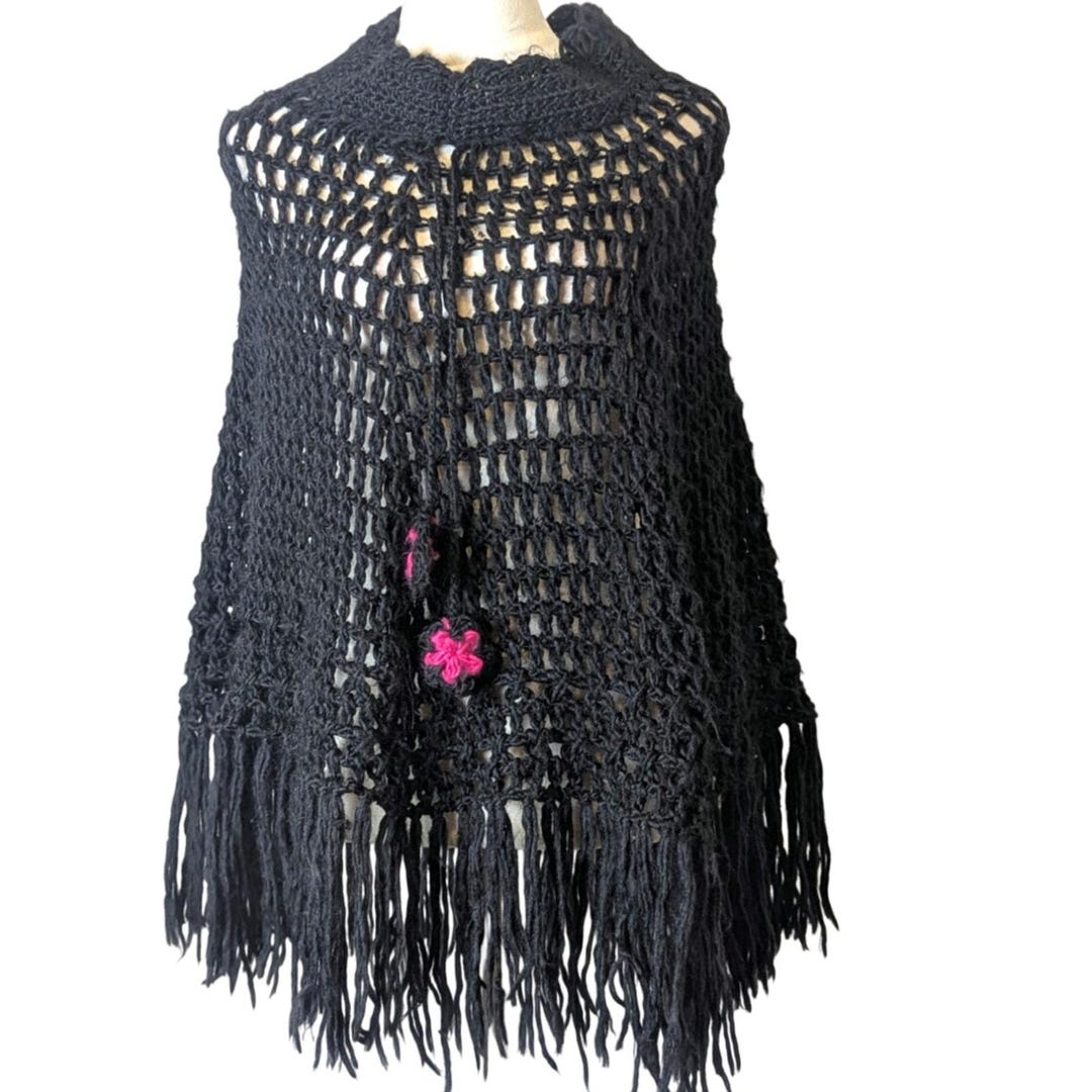 Fairy Grunge Black Open Knit Fringe Poncho Women's Medium - Etsy