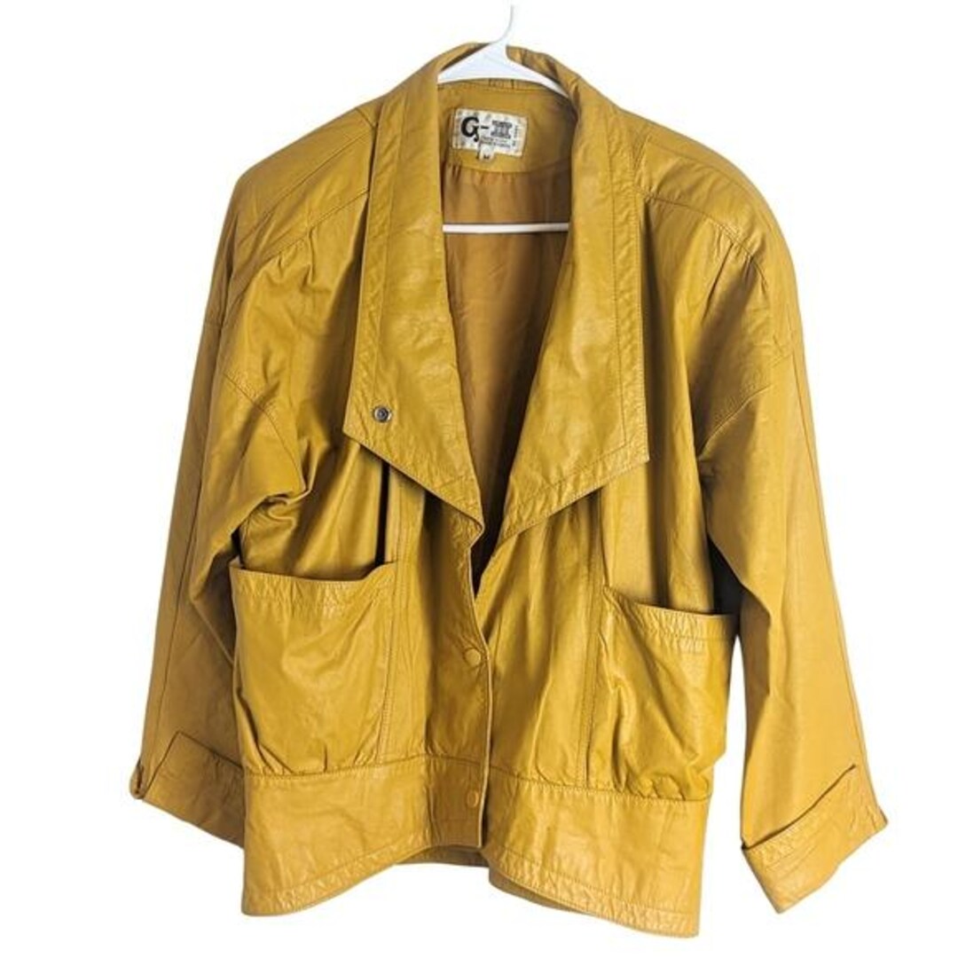 Retro 80s Vintage Mustard Yellow Leather Jacket Bucket Pockets Women's ...