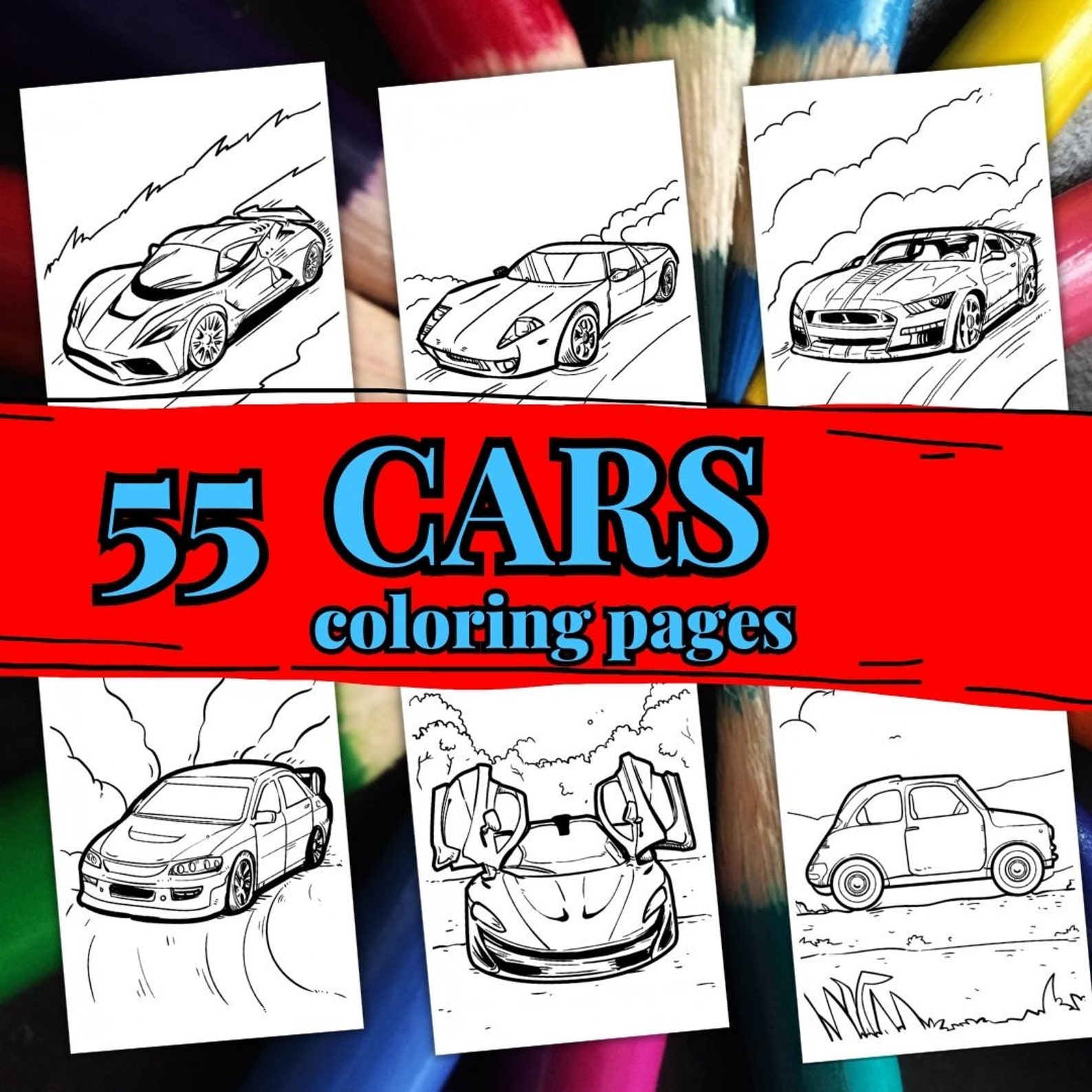 55 CAR Coloring Pages. Cartoon Coloring Book for Kids. Printable ...