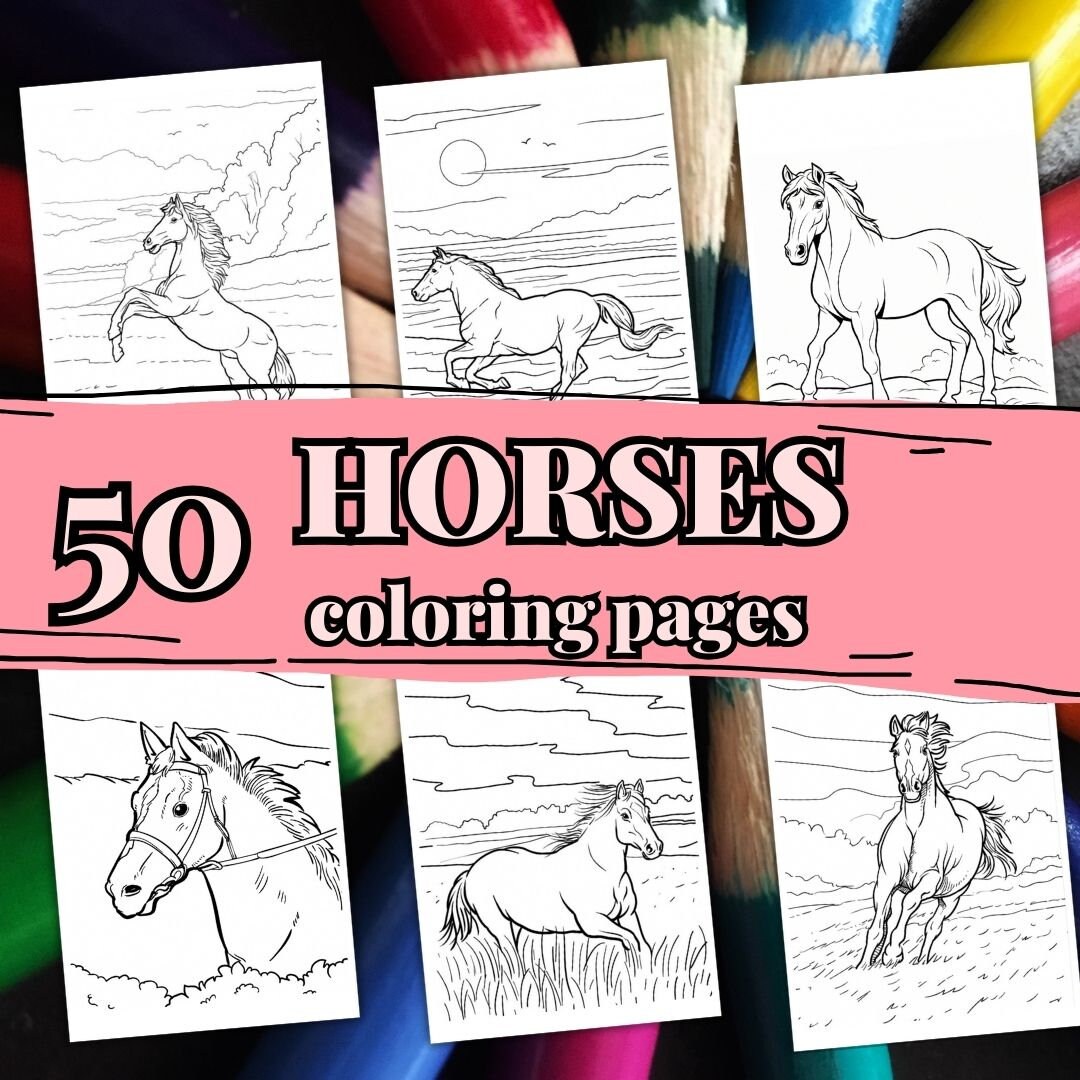 50 HORSES Coloring Pages. Cartoon Coloring Book for Kids. Printable ...