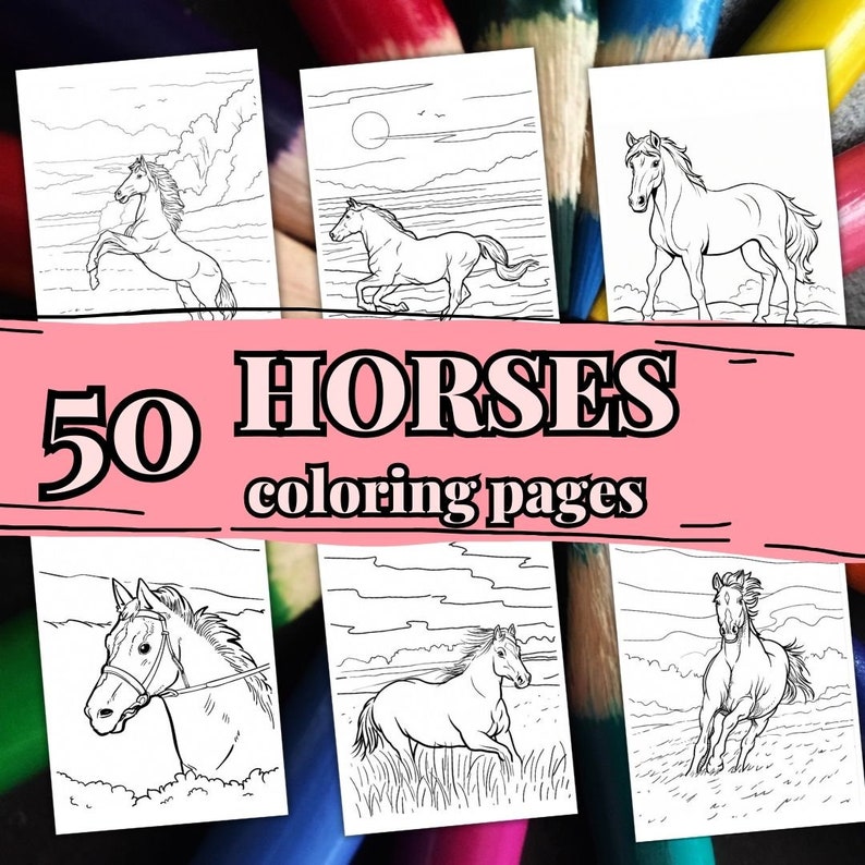 50 HORSES Coloring Pages. Cartoon Coloring Book for Kids. Printable ...
