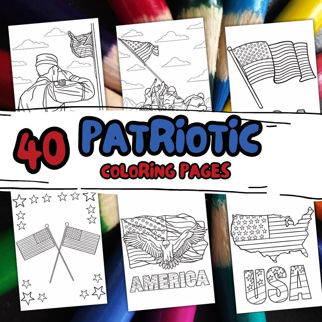 40 Patriotic Coloring Page, A4 Format Coloring Book American Flag, USA ...