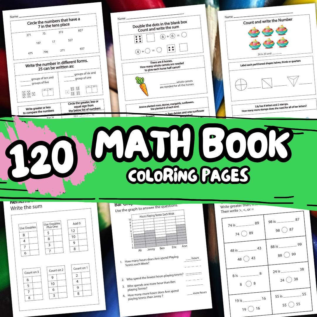 120 Math Book Coloring Page, Printable Toddler Worksheets Instant ...
