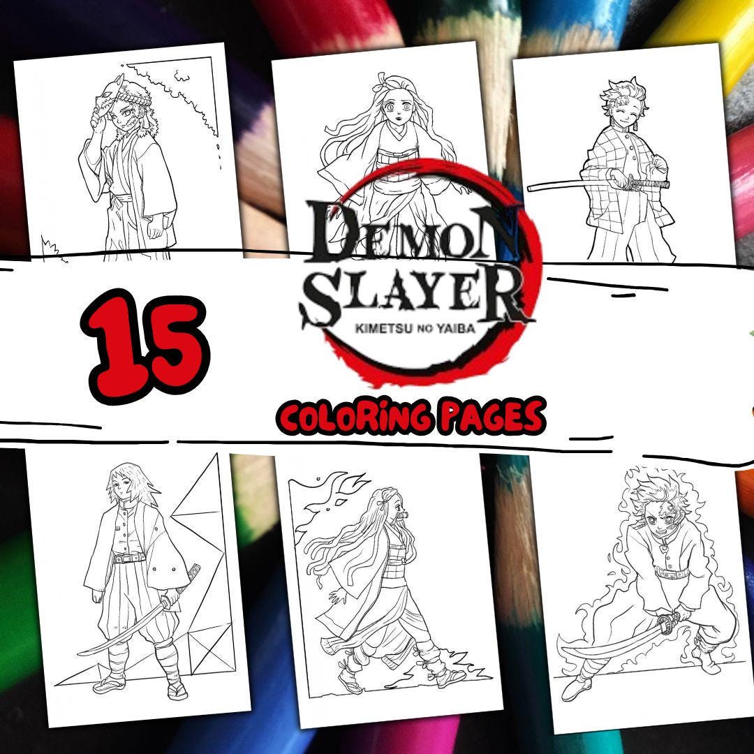 15 Demon Slayer Anime Coloring Page, Adult Coloring Book Sheets Instant ...
