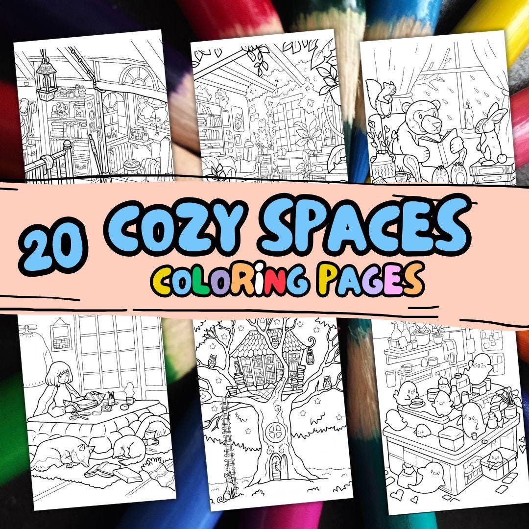 20 Cozy Spaces Coloring Pages, A4 Format Coloring Book for Kids, Kid ...