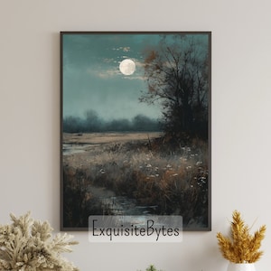 Vintage Moonlit Field Painting, Serene Countryside Landscape Under Moon ...