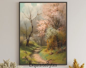 Vintage Spring Landscape Painting, Vibrant Spring Scene With Blossoming ...