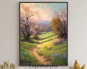 Vintage Spring Landscape Painting, Vibrant Spring Scene With Blossoming ...