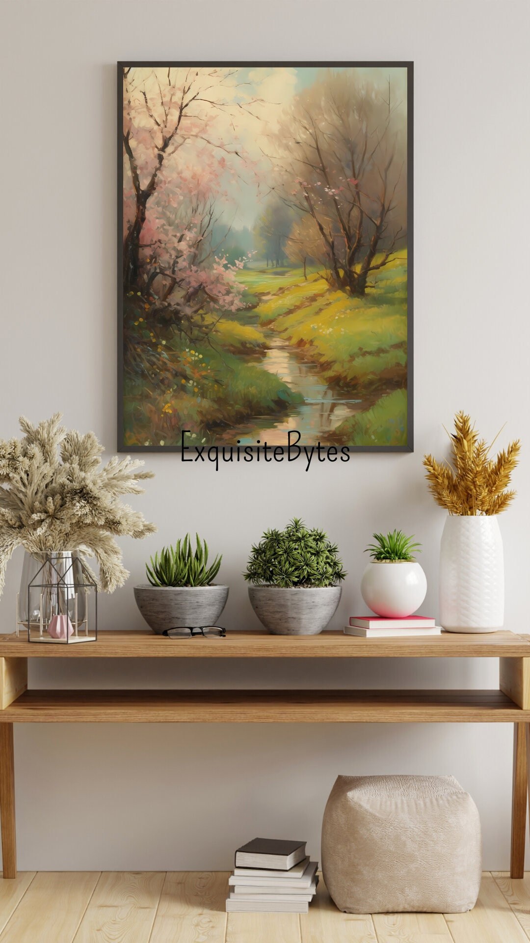 Vintage Spring Landscape Painting, Vibrant Spring Scene With Blossoming ...