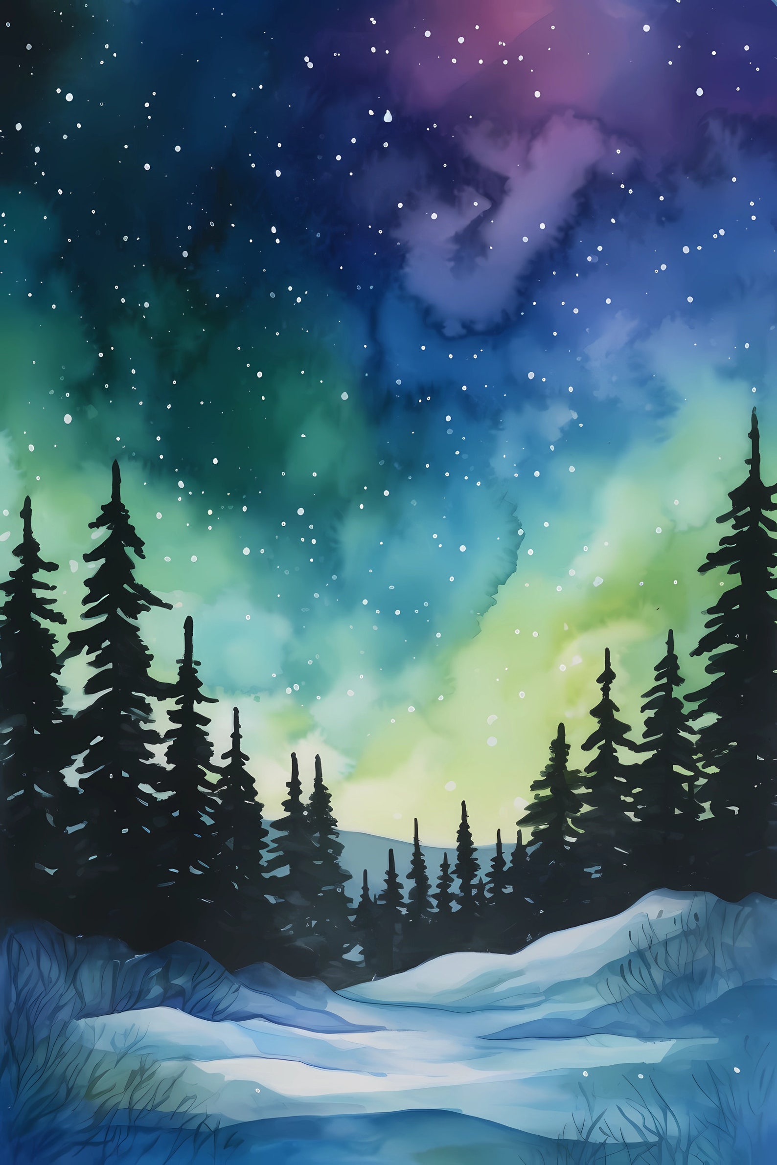 Northern Lights Watercolor Painting, Aurora Borealis, Dreamy Home Decor ...