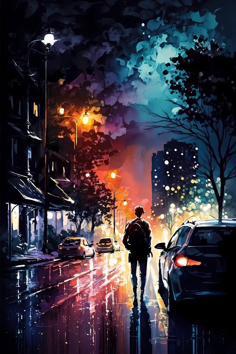 City Night Watercolor Painting, Colorful Lightscape at Night, Modern ...