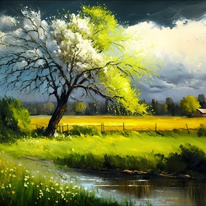 Spring Landscape Oil Painting, Scenic Springtime Serenity, Rustic Wall ...