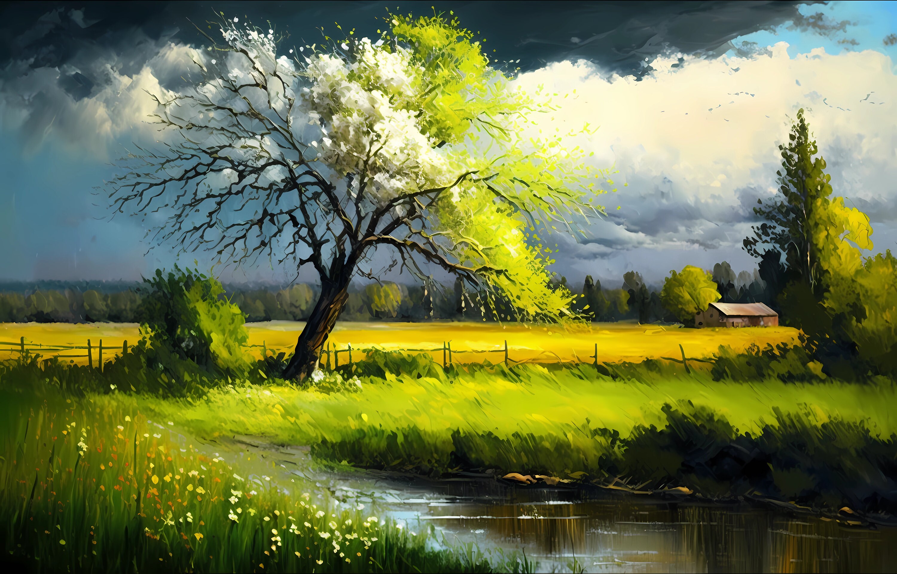 Spring Landscape Oil Painting, Scenic Springtime Serenity, Rustic Wall ...