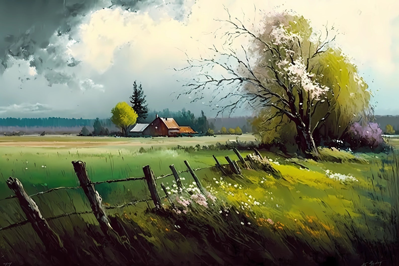 Spring Landscape Oil Painting, Scenic Springtime Serenity, Rustic Wall ...