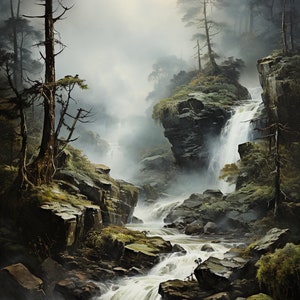 Vintage Waterfall Landscape Painting, Vacation Home Decor, Printable ...