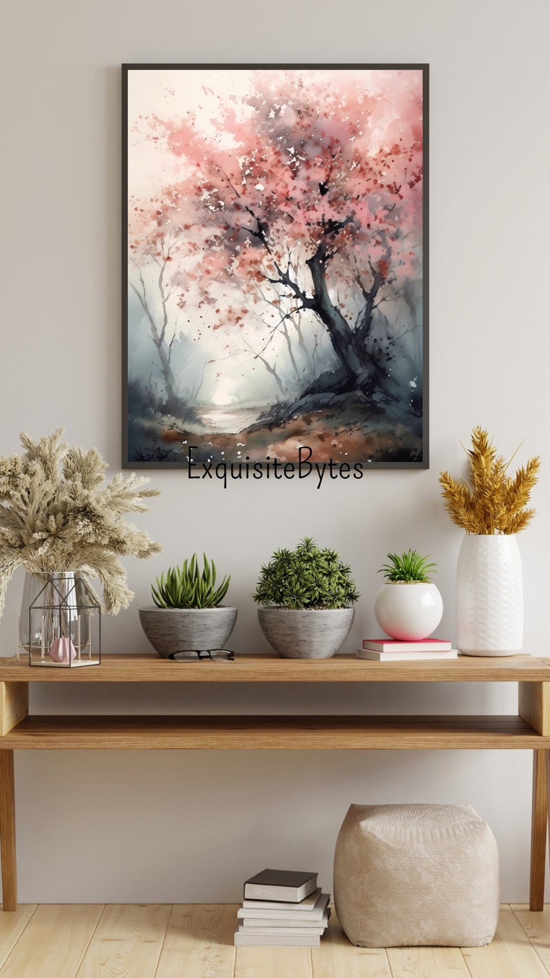 Sakura Landscape Watercolor Painting, Beautiful Sakura Trees Scene ...