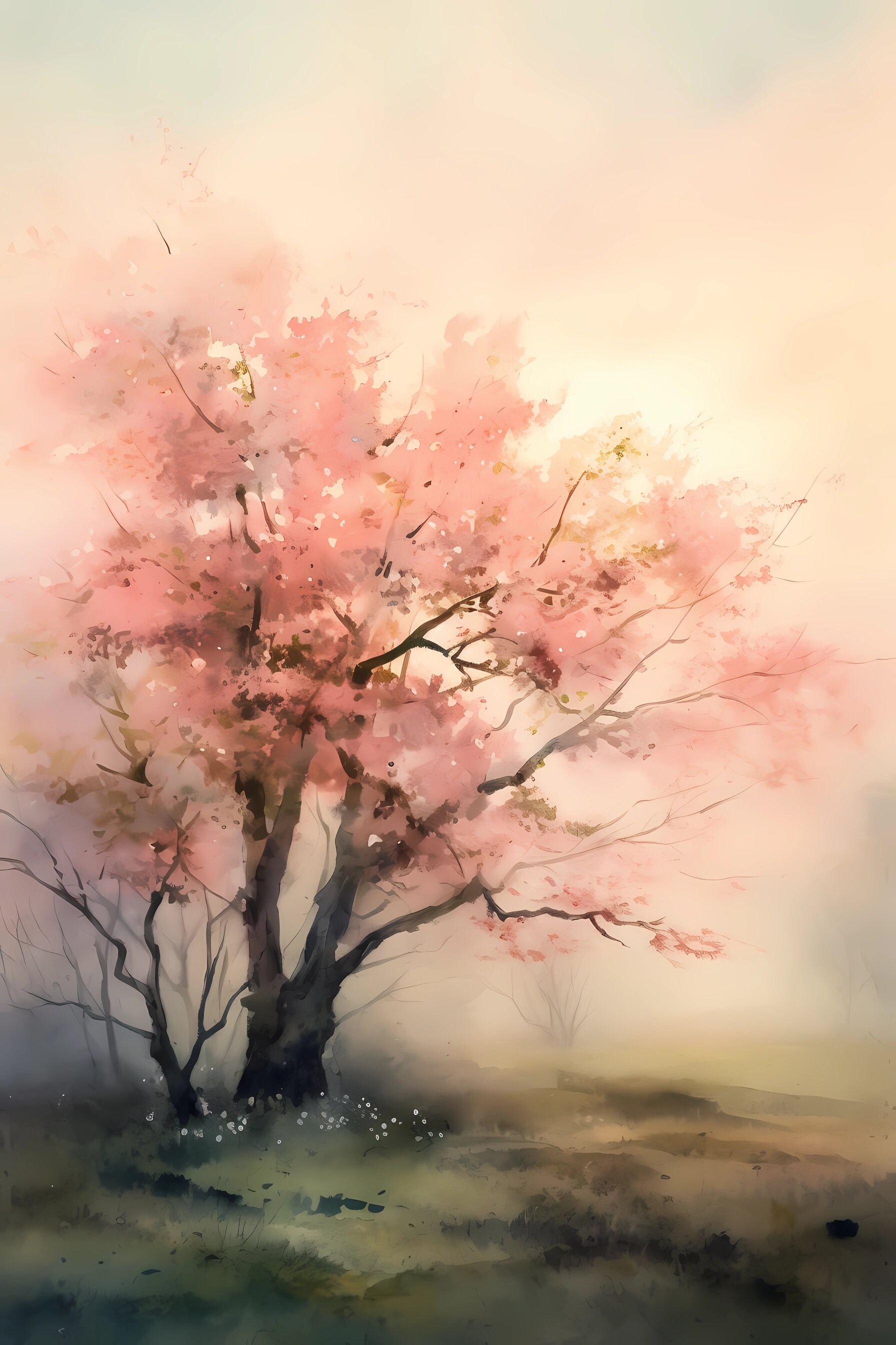 Sakura Landscape Watercolor Painting, Beautiful Sakura Trees Scene ...