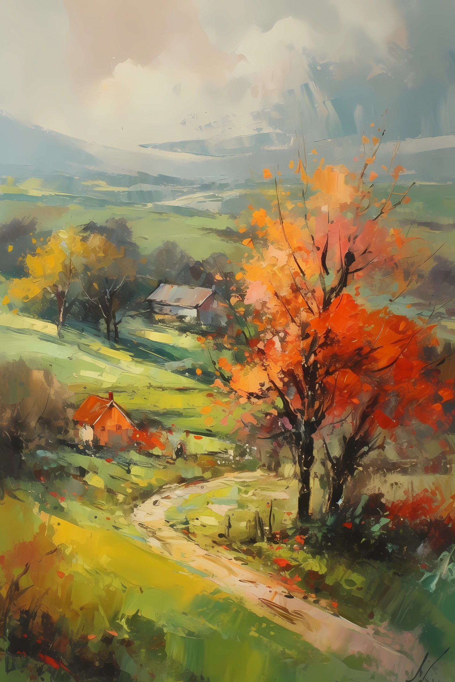 Vintage Spring Landscape Painting, Vibrant Spring Scene With Blossoming ...