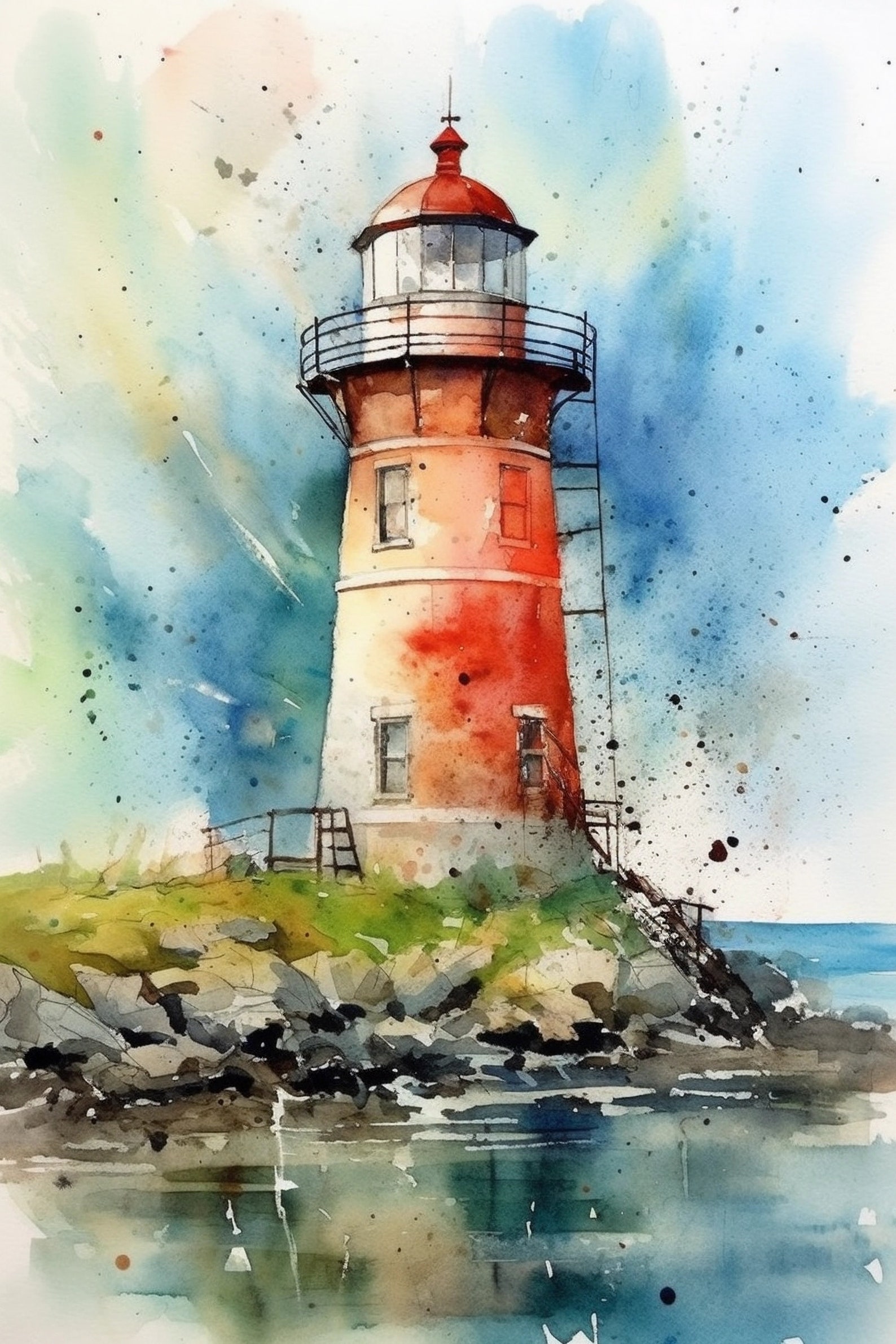 Lighthouse Landscape Watercolor Painting Coastal Decor Printable Art