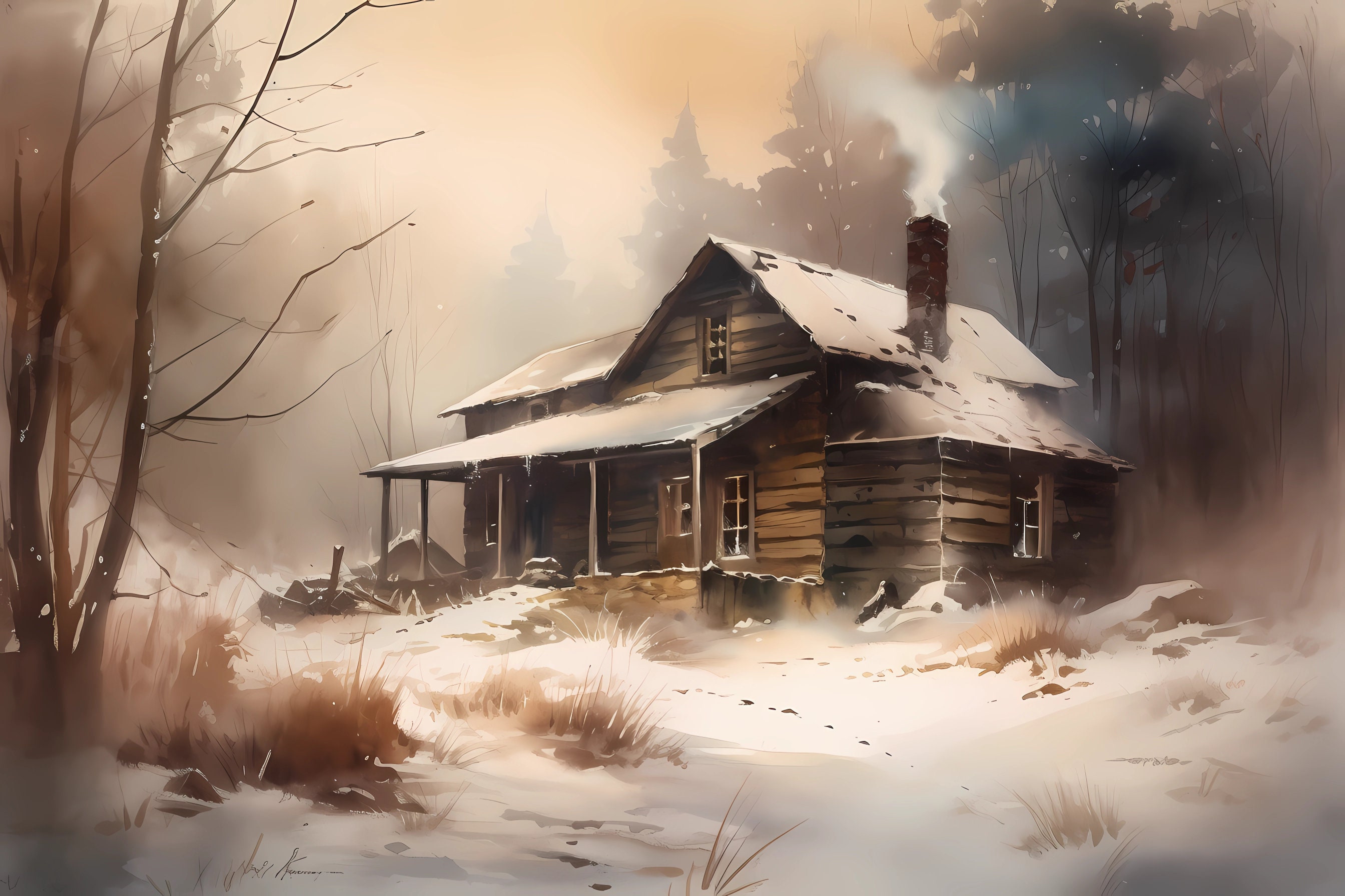 Wood Cabin Watercolor Painting, Serene Forest Landscape, Rustic ...