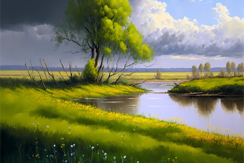 Spring Landscape Oil Painting, Scenic Springtime Serenity, Rustic Wall ...