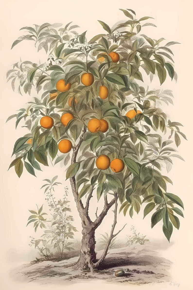 Vintage Orange Tree Illustration, Botanical Art, Rustic Home Decor ...