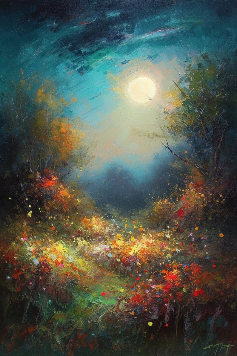 Vintage Moonlit Field Painting, Serene Countryside Landscape Under Moon ...