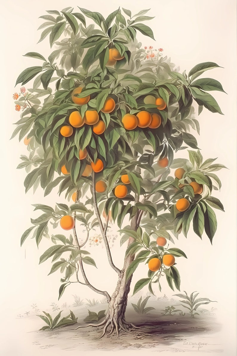 Vintage Orange Tree Illustration, Botanical Art, Rustic Home Decor ...