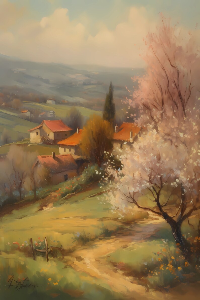 Vintage Spring Landscape Painting, Vibrant Spring Scene With Blossoming ...