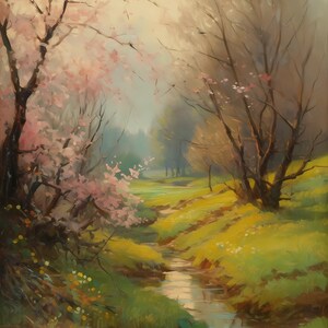 Vintage Spring Landscape Painting, Vibrant Spring Scene With Blossoming ...