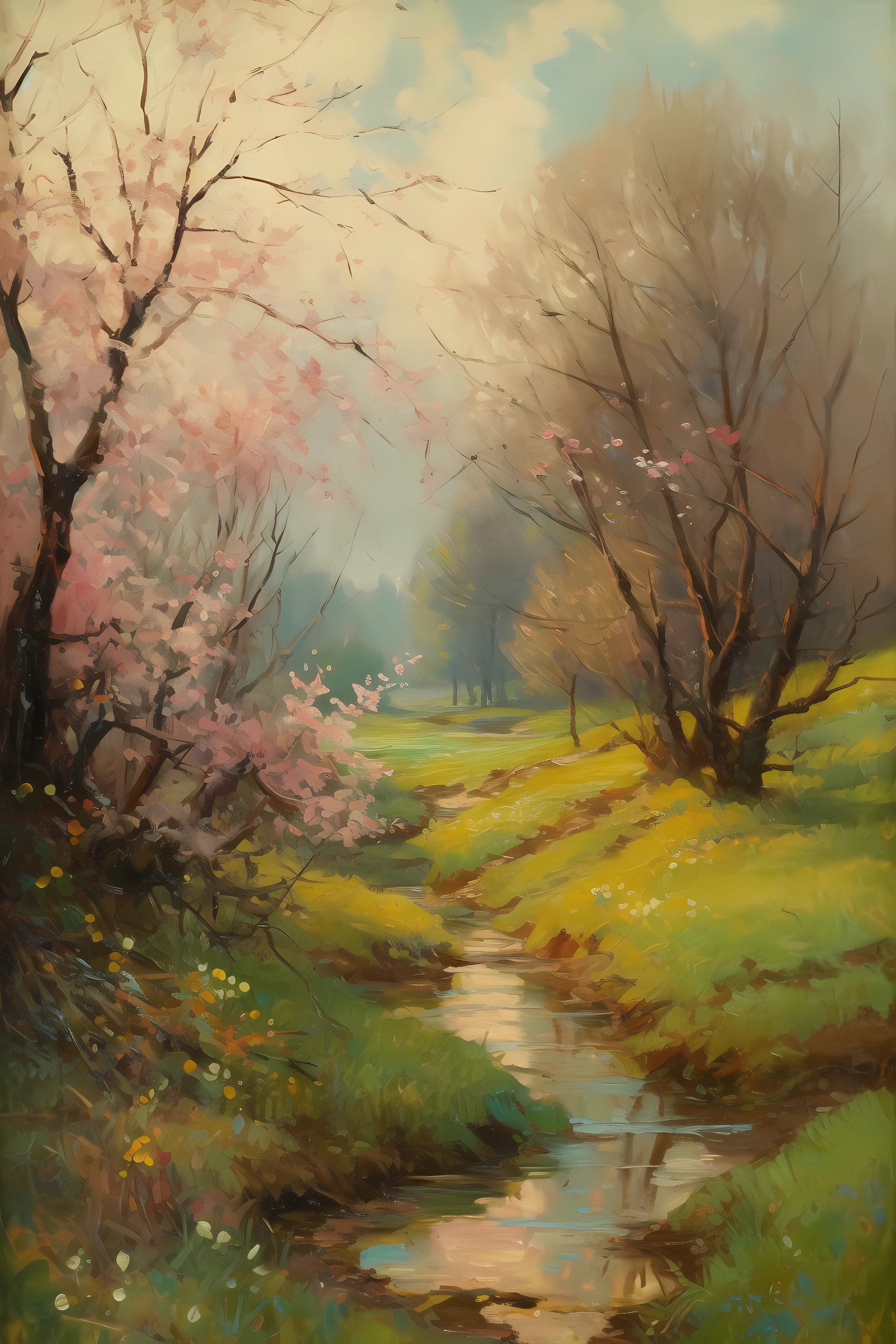 Vintage Spring Landscape Painting, Vibrant Spring Scene With Blossoming ...