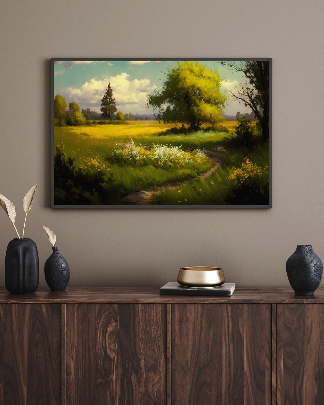 Spring Landscape Oil Painting, Scenic Springtime Serenity, Rustic Wall ...