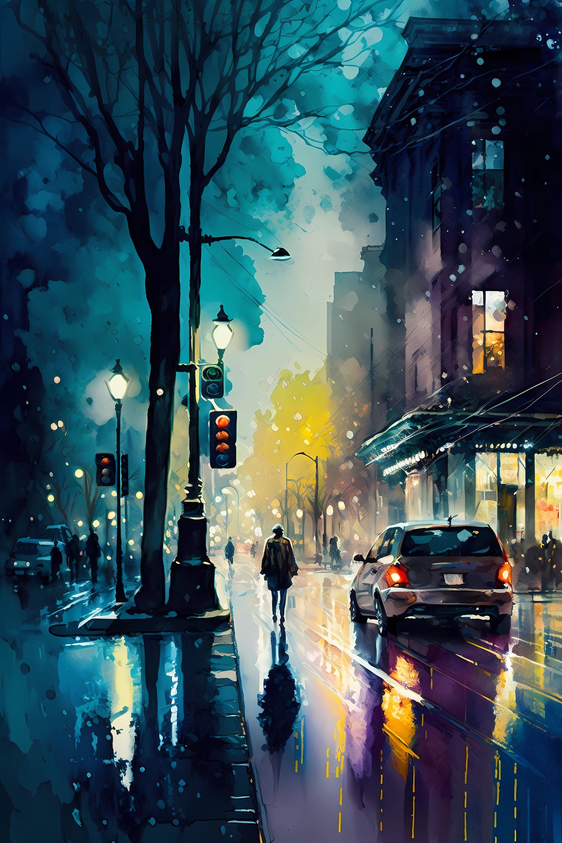 City Night Watercolor Painting, Colorful Lightscape at Night, Modern ...