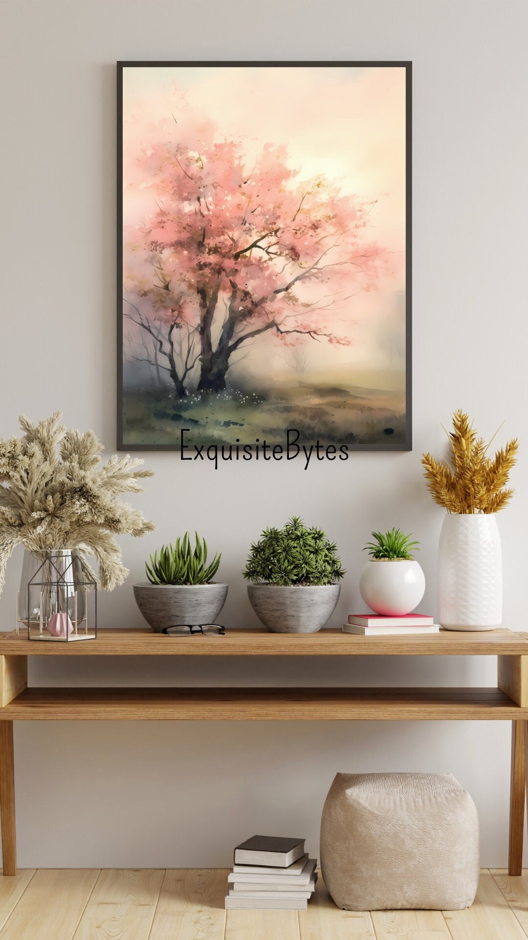 Sakura Landscape Watercolor Painting, Beautiful Sakura Trees Scene ...