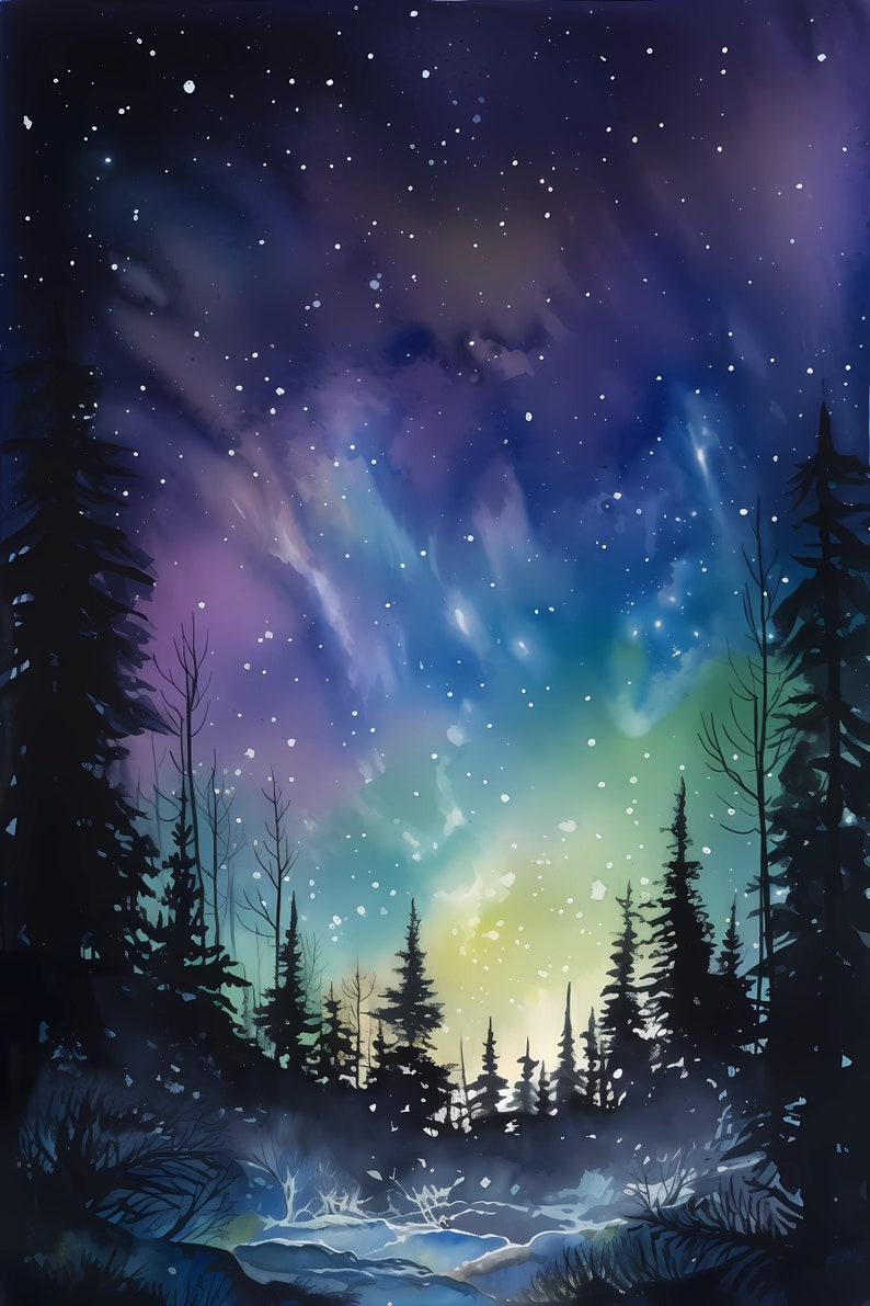 Northern Lights Watercolor Painting, Aurora Borealis, Dreamy Home Decor ...