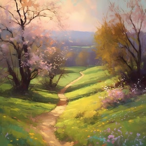 Vintage Spring Landscape Painting, Vibrant Spring Scene With Blossoming ...