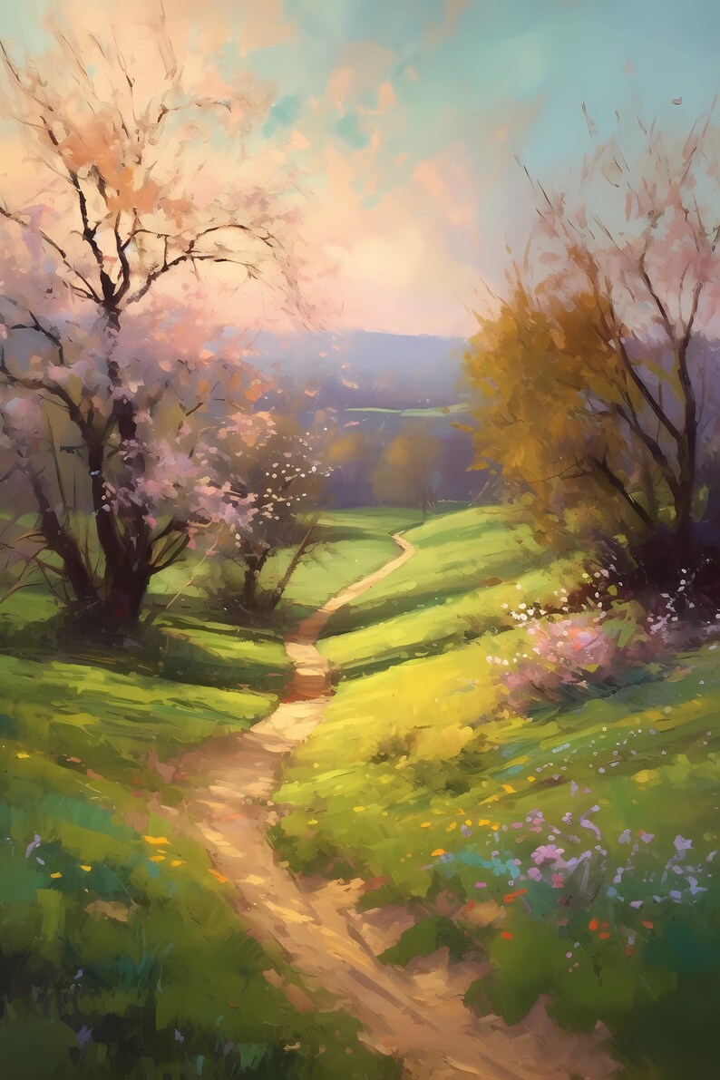 Vintage Spring Landscape Painting, Vibrant Spring Scene With Blossoming ...