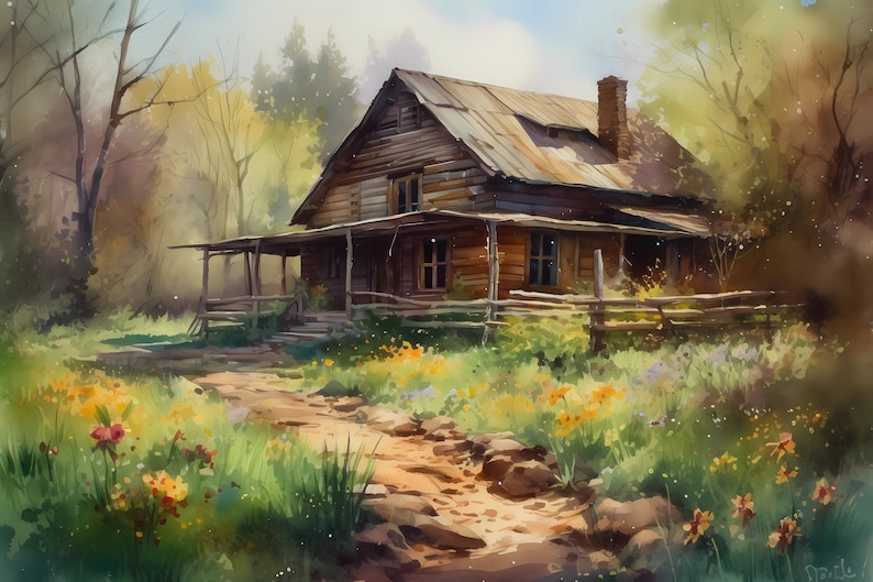 Wood Cabin Watercolor Painting, Serene Forest Landscape, Rustic Landscape Art Print, Digital ...