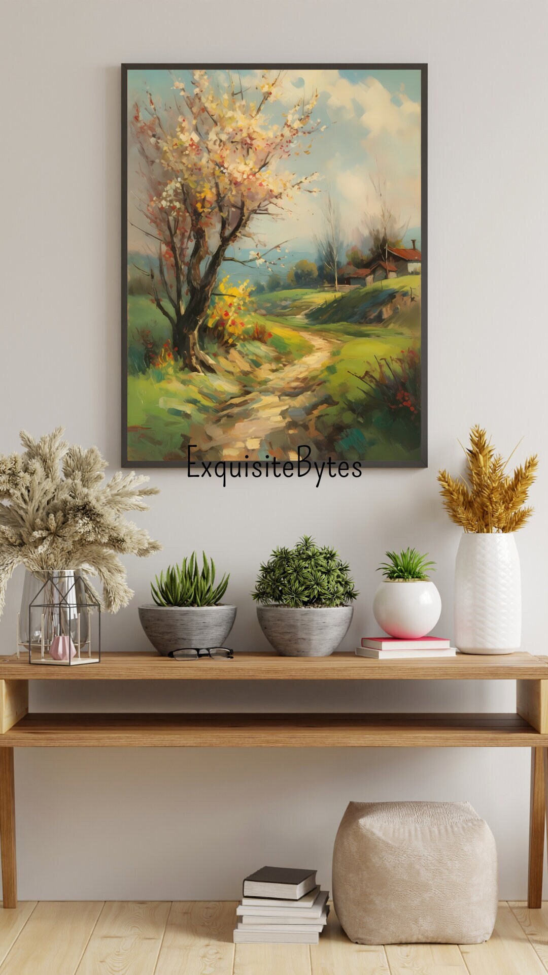Vintage Spring Landscape Painting, Vibrant Spring Scene With Blossoming ...
